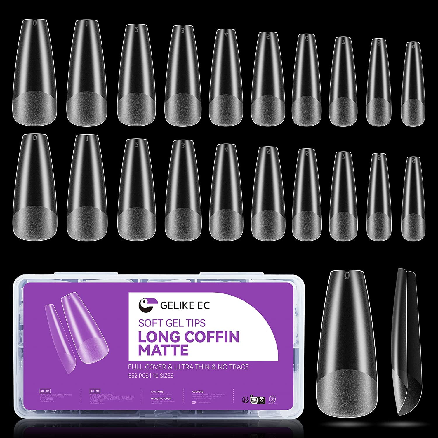 Gelike Ec 552pcs Long Matte Coffin Soft Gel Full Cover Nail Tips Kit