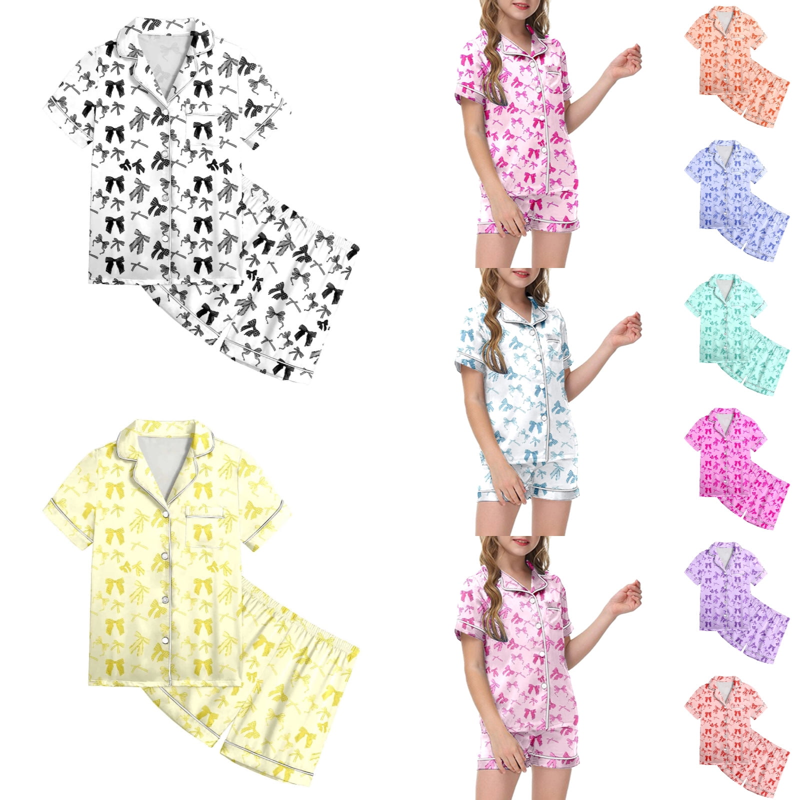Gelikeya Girls Bow Pajamas Sets 2 Piece Silk Satin Pink Puff Cute ...