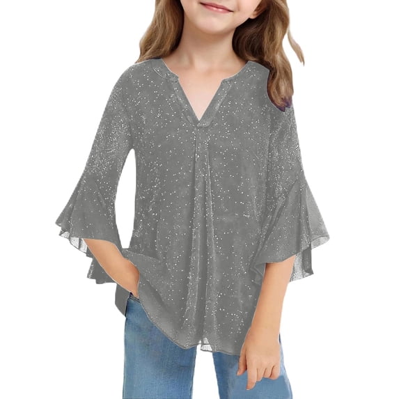 Gelikeya Girls Ruffle 3/4 Sleeve Tops Dressy Casual Blouses V Neck ...