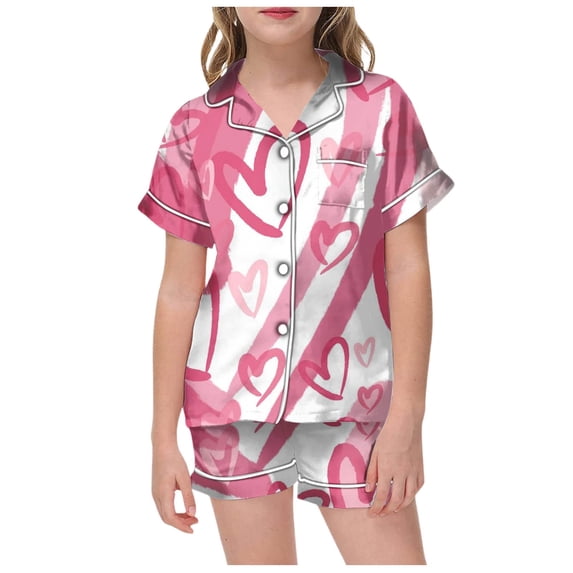 Gelikeya Girls Silk Pajamas Cute Heart Print Button Down Pyjama Spring ...