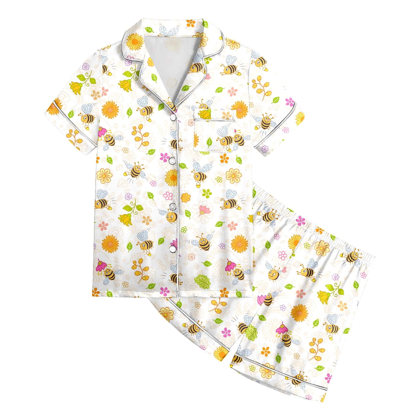 Gelikeya Pajamas Set Bee Festival Button Down Satin Short Sleeve Top ...