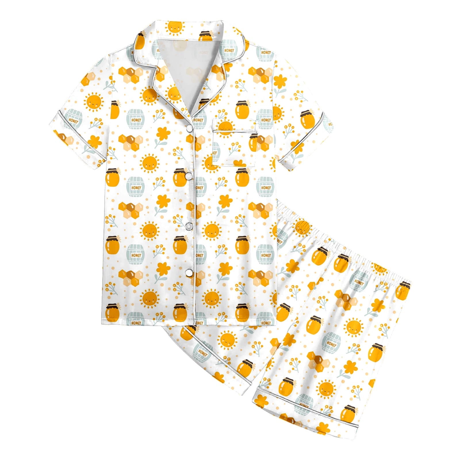 Gelikeya Pajamas Set Bee Festival Button Down Satin Short Sleeve Top ...