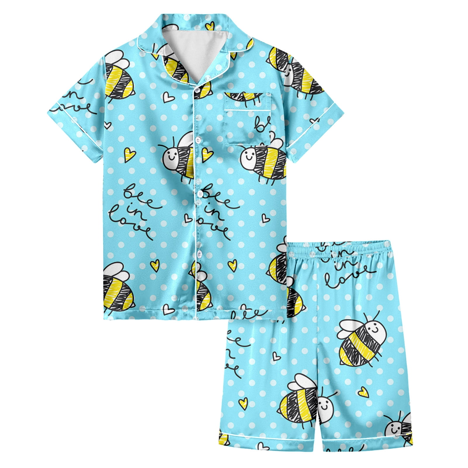 Gelikeya Pajamas Set Bee Festival Button Down Satin Short Sleeve Top ...