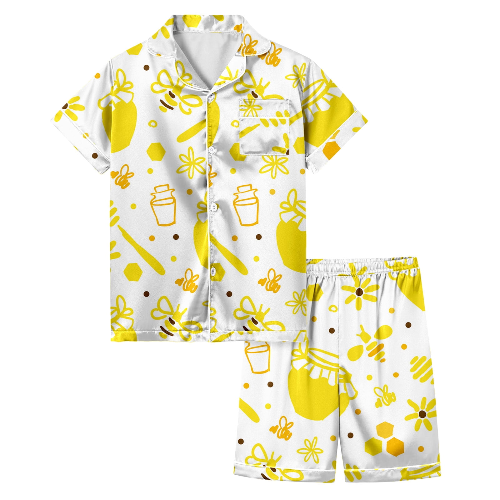 Gelikeya Pajamas Set Bee Festival Button Down Satin Short Sleeve Top ...