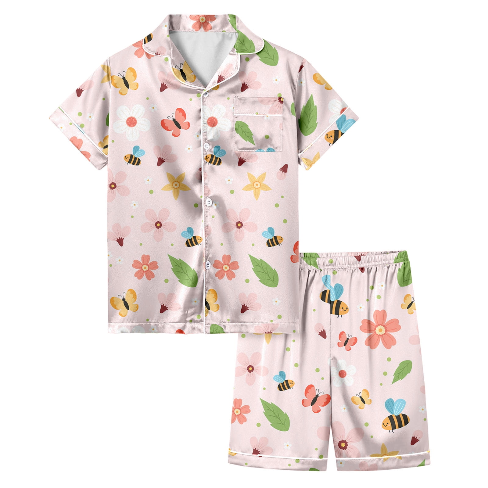 Gelikeya Pajamas Set Bee Festival Button Down Satin Short Sleeve Top ...