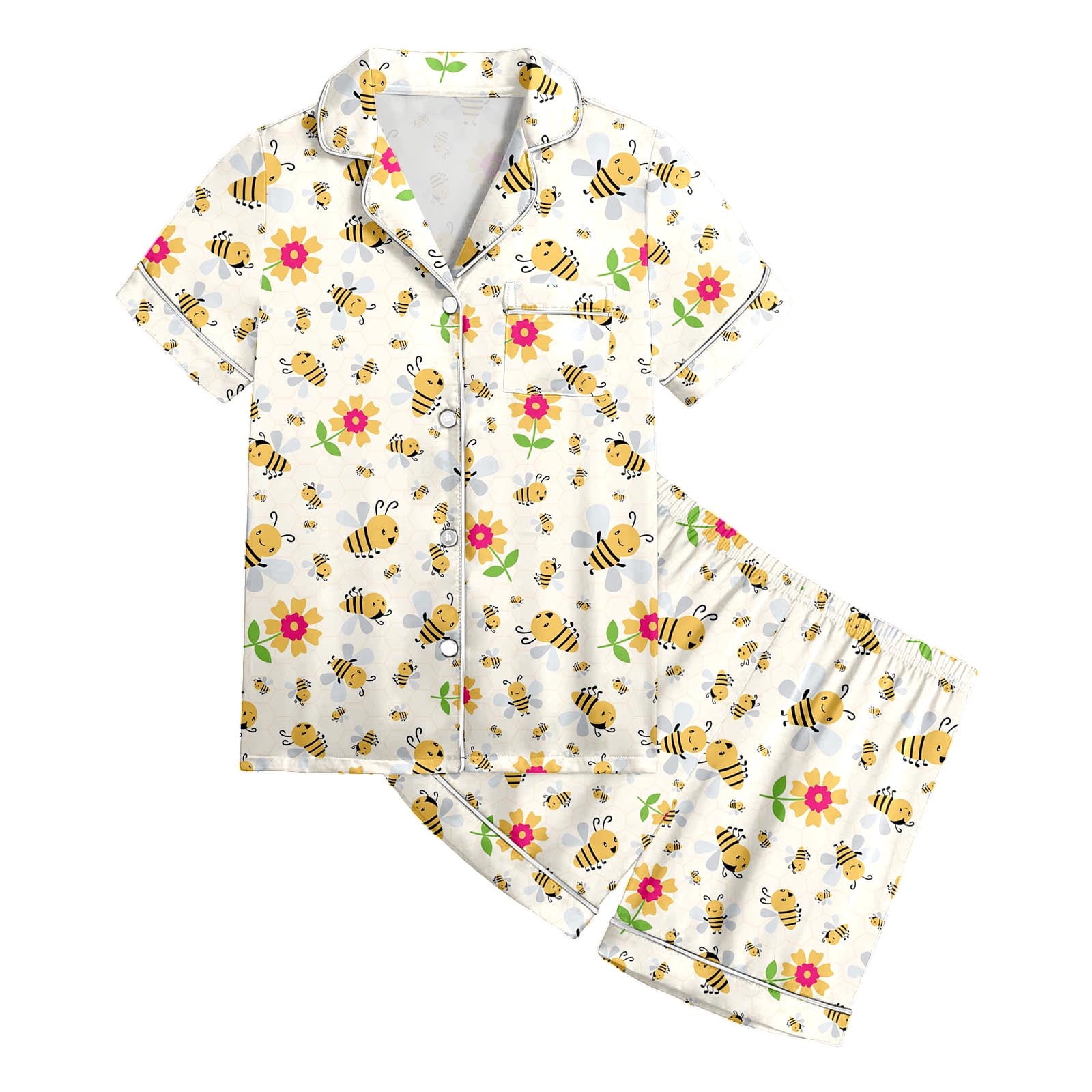 Gelikeya Pajamas Set Bee Festival Button Down Satin Short Sleeve Top ...