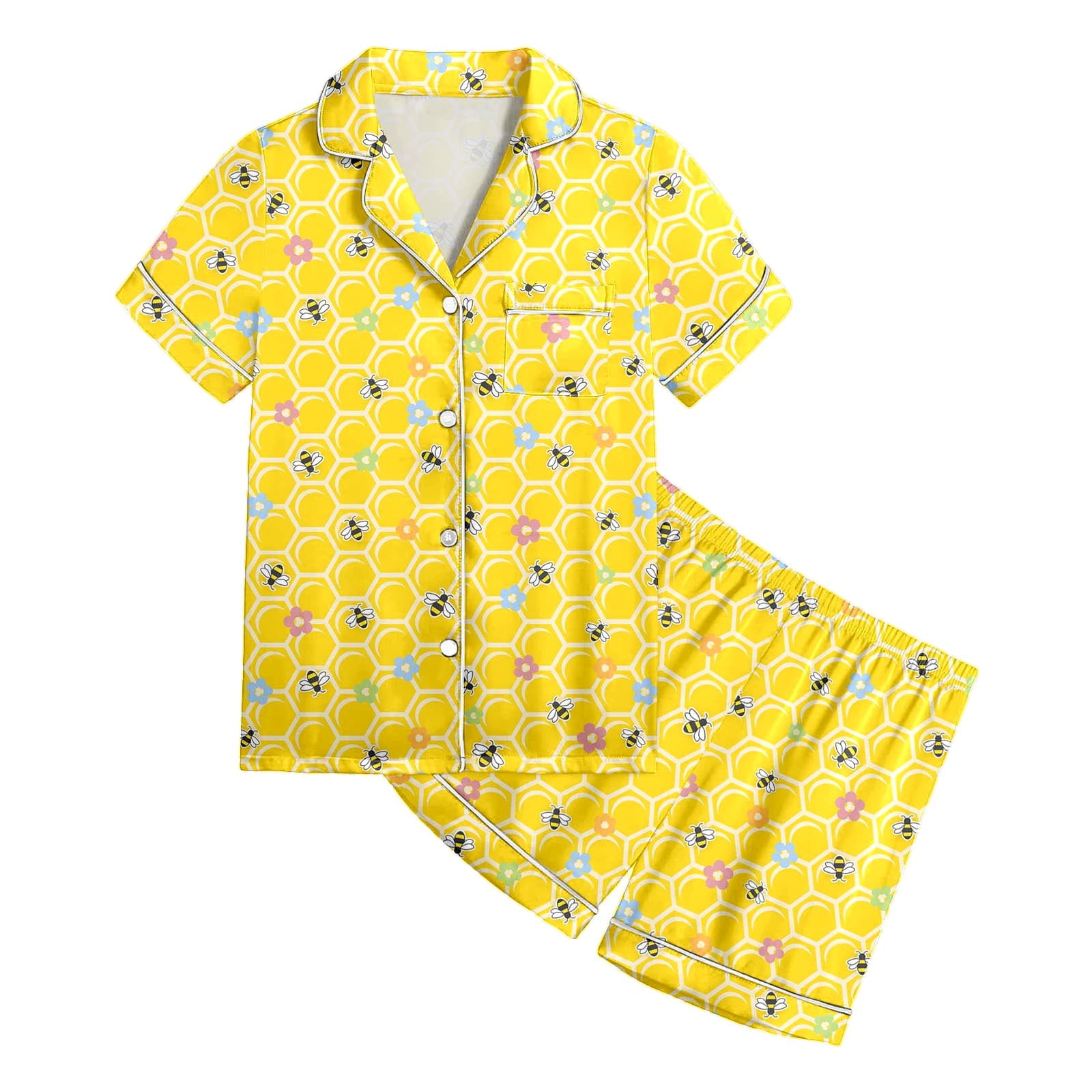 Gelikeya Pajamas Set Bee Festival Button Down Satin Short Sleeve Top ...