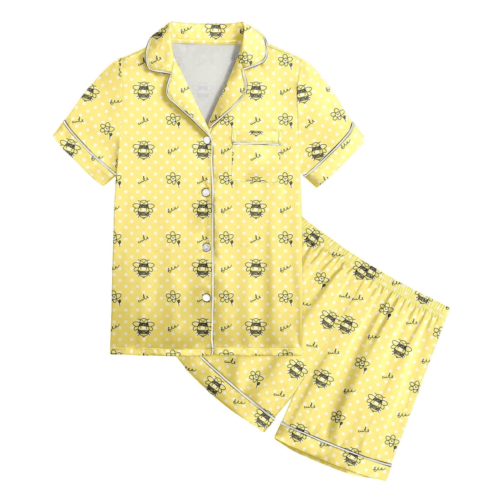 Gelikeya Pajamas Set Bee Festival Button Down Satin Short Sleeve Top ...