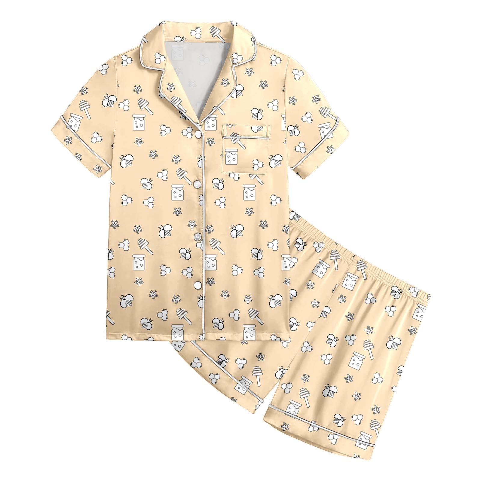 Gelikeya Pajamas Set Bee Festival Button Down Satin Short Sleeve Top ...