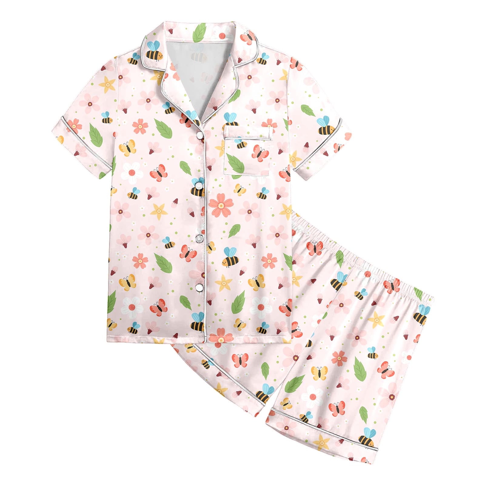 Gelikeya Pajamas Set Bee Festival Button Down Satin Short Sleeve Top ...