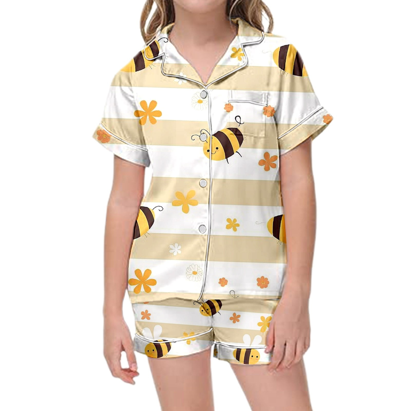Gelikeya Pajamas Set Bee Festival Button Down Satin Short Sleeve Top ...