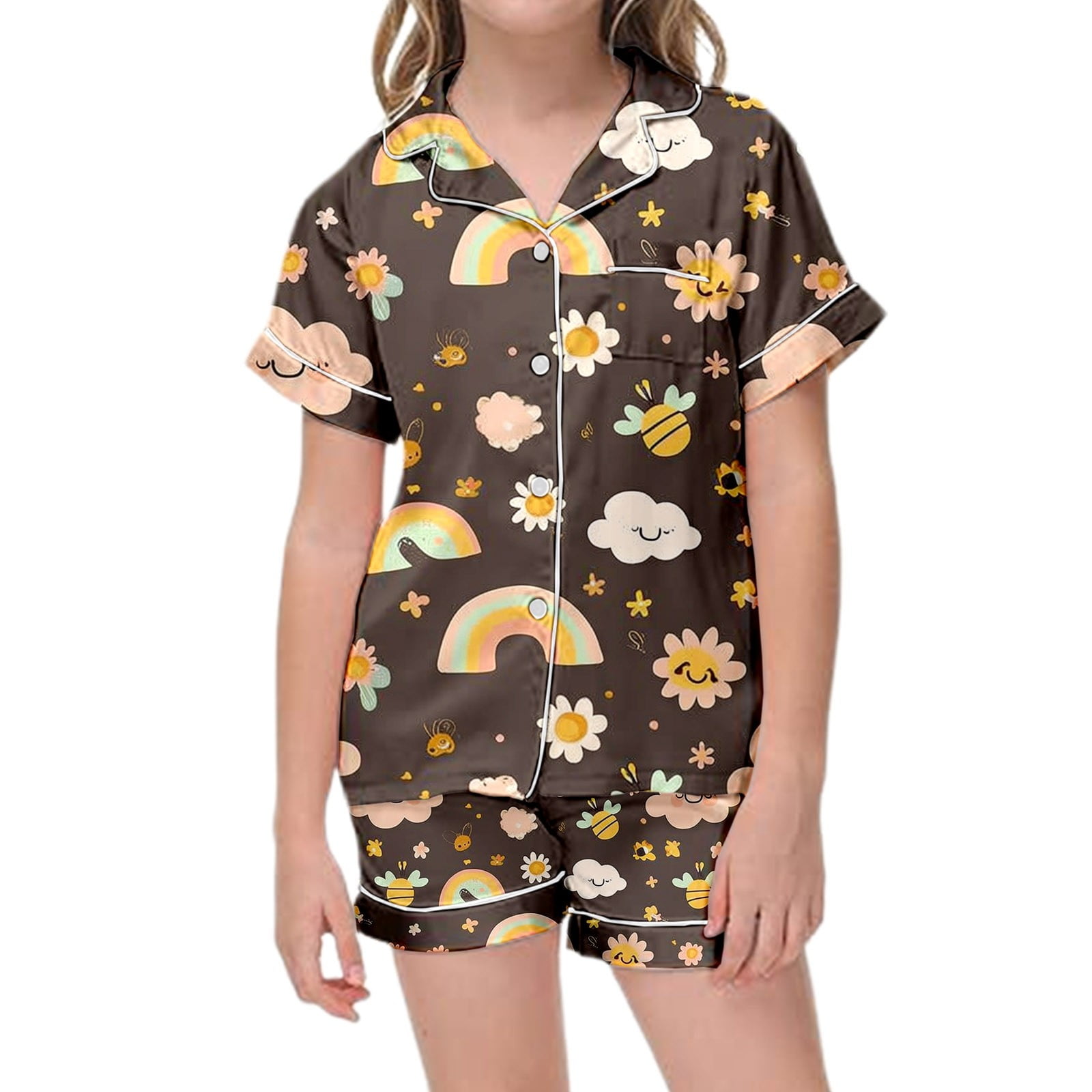 Gelikeya Pajamas Set Bee Festival Button Down Satin Short Sleeve Top ...