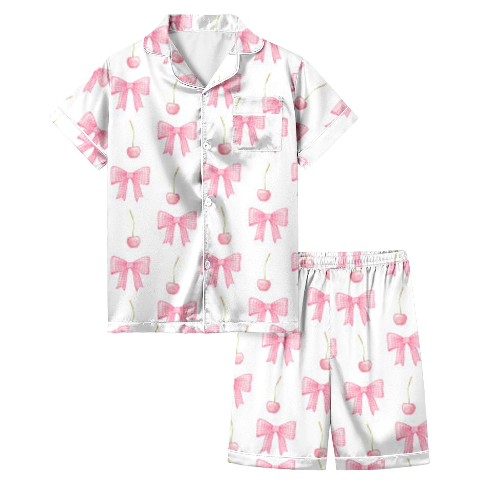 Gelikeya Pink Puff 2 Piece Outfits for Girls Bow Printed Pajama Set ...