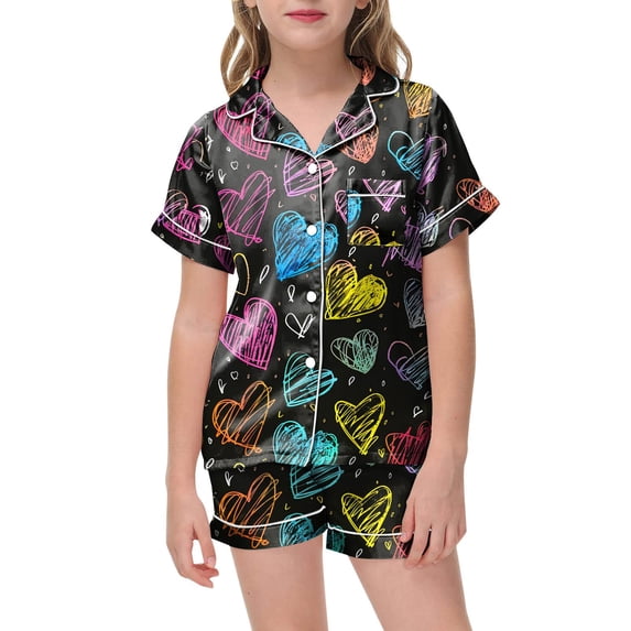 Gelikeya Silk Pajamas for Kids Cute Heart Print Short Sleeved Pyjama ...