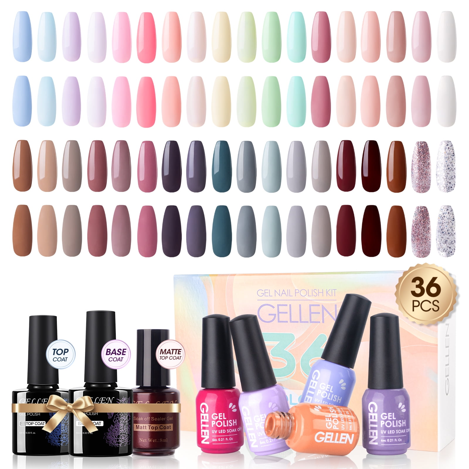 Gellen 36 Pcs Gel Nail Polish Kit, Gel Nail Set Candy Colors Gel Polish ...