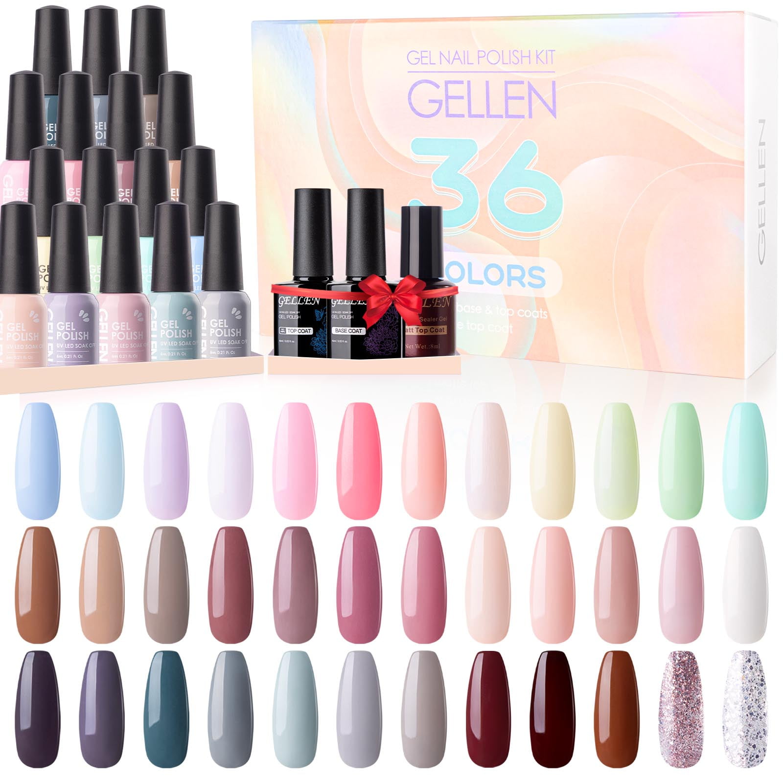 Gellen 36 Pcs Gel Nail Polish Kit, Gel Nail Set Candy Colors Gel Polish ...