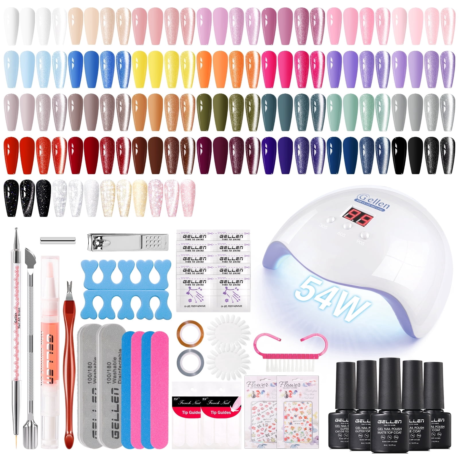 Gellen 71Pcs Gel Nail Polish Kit with 54W UV Light, 32Colors Rainbow ...