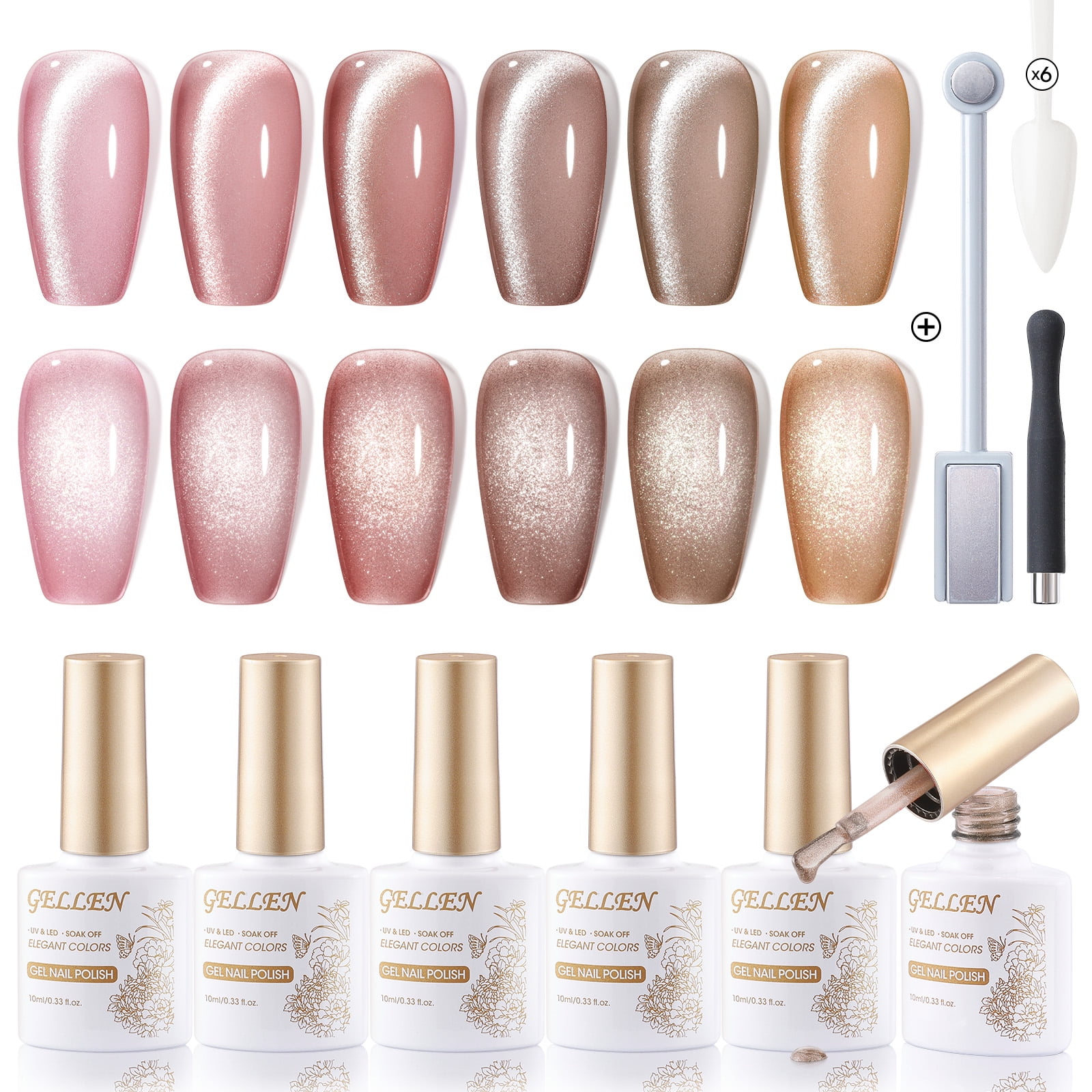 Gellen Cat Eye Gel Nail Polish Kit, 6 Colors Glitter Pink Nude ...
