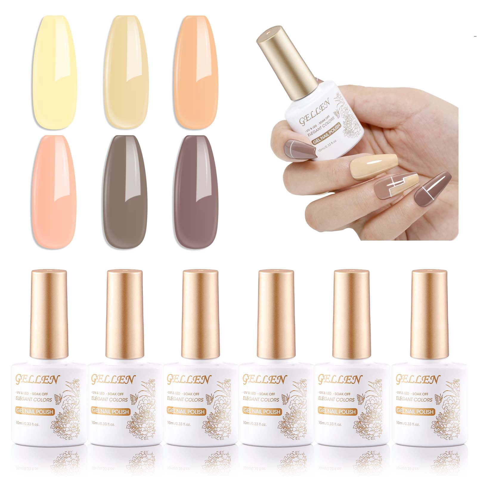 Gellen Cool Tone Gel Nail Polish, 6 Colors Brown Nude Pink Yellow Gel ...