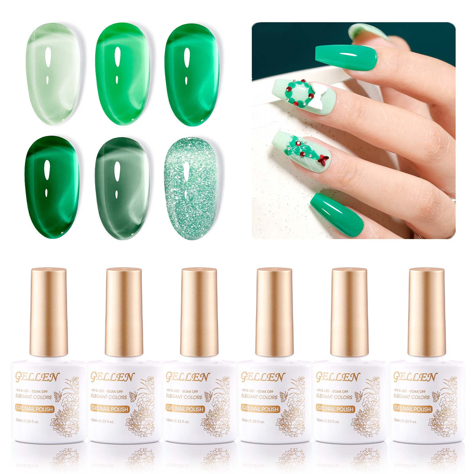 Gellen Emerald Green Gel Polish, 6 Colors Glassy Semi Sheer Jade Green ...