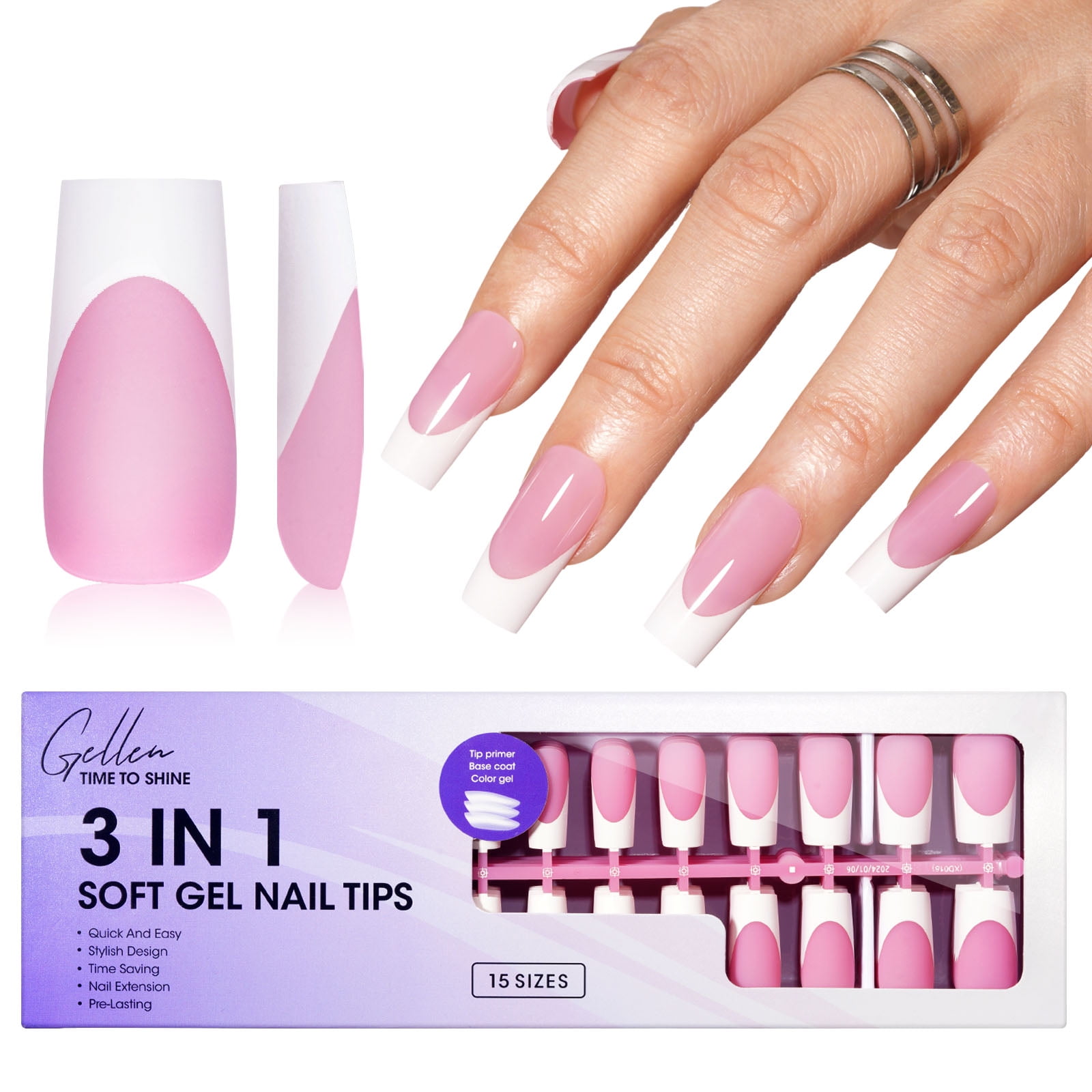 Gellen French Tips Press on Nails 150 Pcs Pink Long Square Soft Gel ...