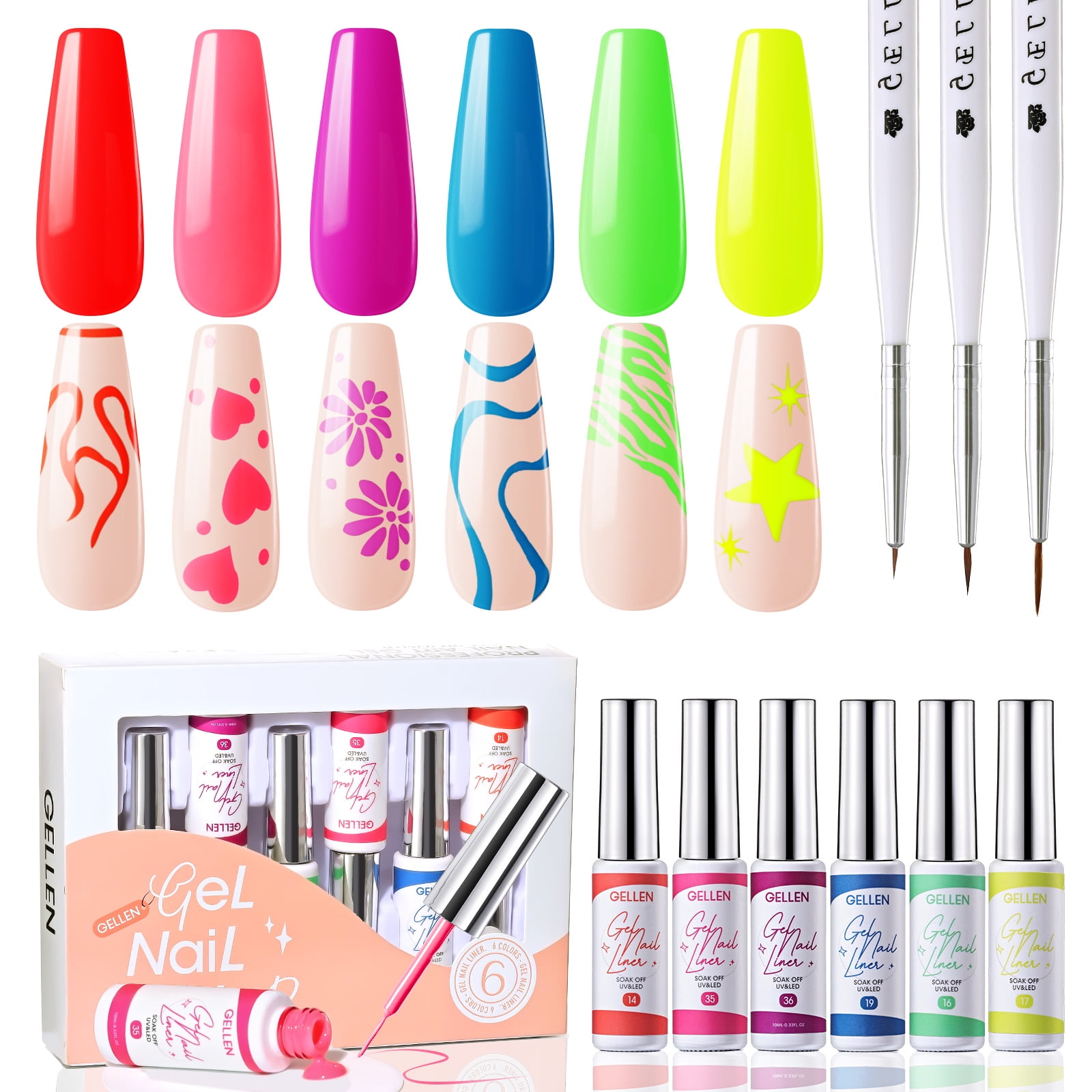 Gellen Gel Liner Nail Polish, 6 Colors Red Pink Green Nail Art Gel Nail ...