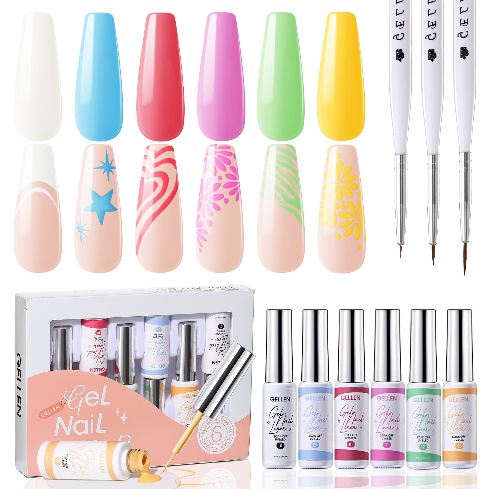 Gellen Gel Liner Nail Polish, 6 Colors White Yellow Purple Nail Art Gel ...