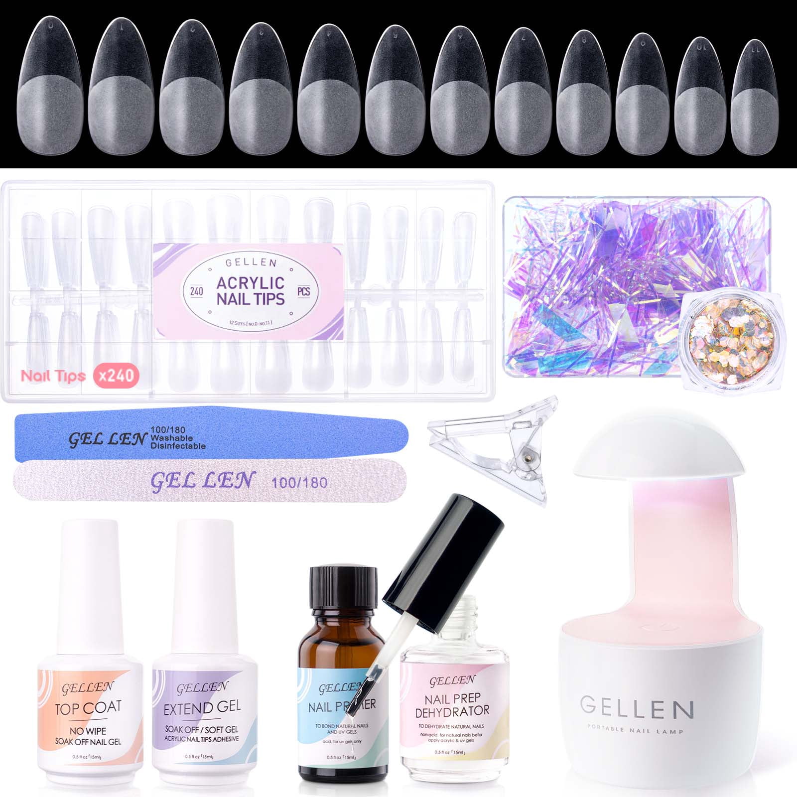 Gellen Gel Nail Kit, Almond Fake Nail Tips, UV Nail Lamp, Solid Nail ...