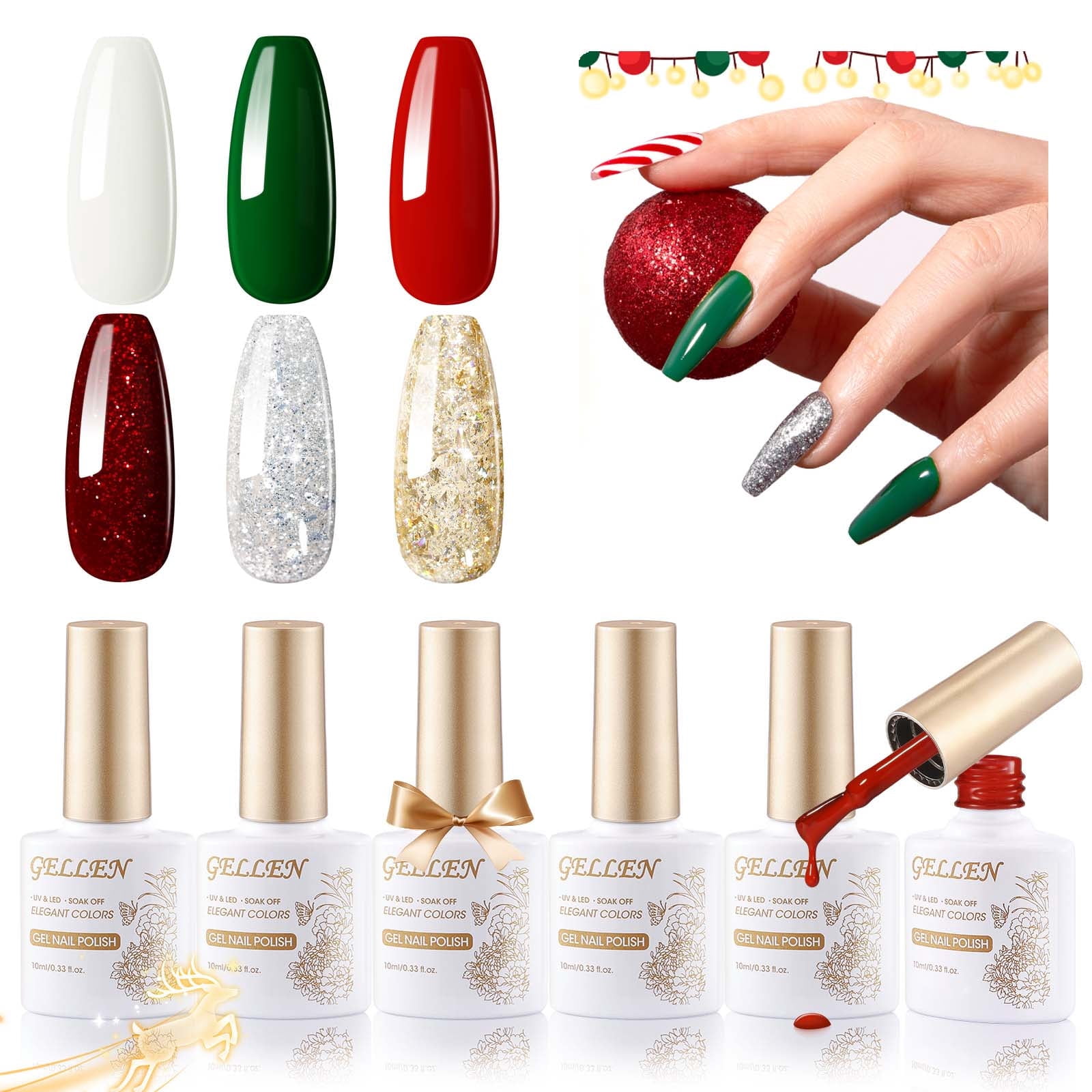 Gellen Gel Nail Polish, 6 Colors Snow White Green Glitter Gold Silver ...