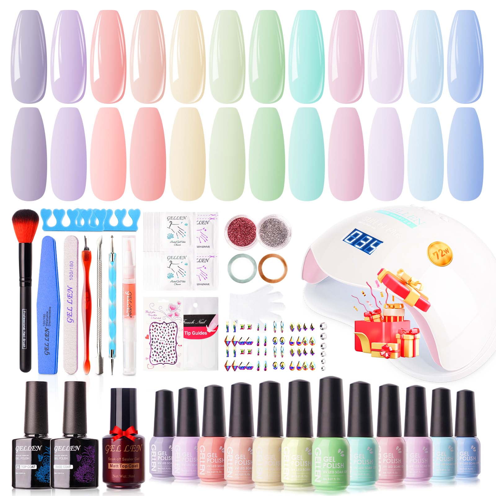 Gellen UV Light Set - 12 Colors Macaron Candy Gel Nail Polish Kit with ...