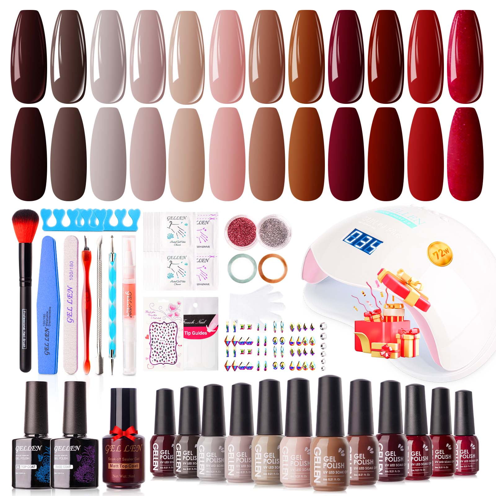 Gellen Gel Nail Polish Kit, 12 Colors Wine Red Browns Gel Polish ...