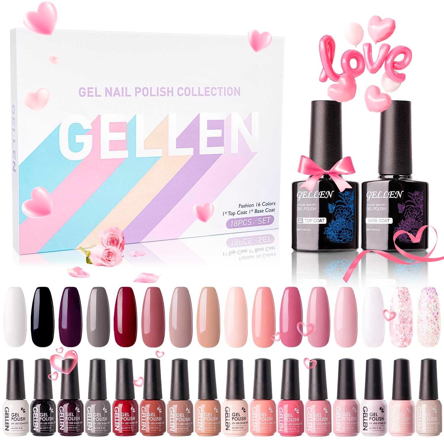 Gellen Gel Nail Polish Kit 16 Colors Gel Polish Neutral Wine Browns Soak off Nail Gel Polish Set with Top and Base Coat UV Nail Gel DIY Salon Nail