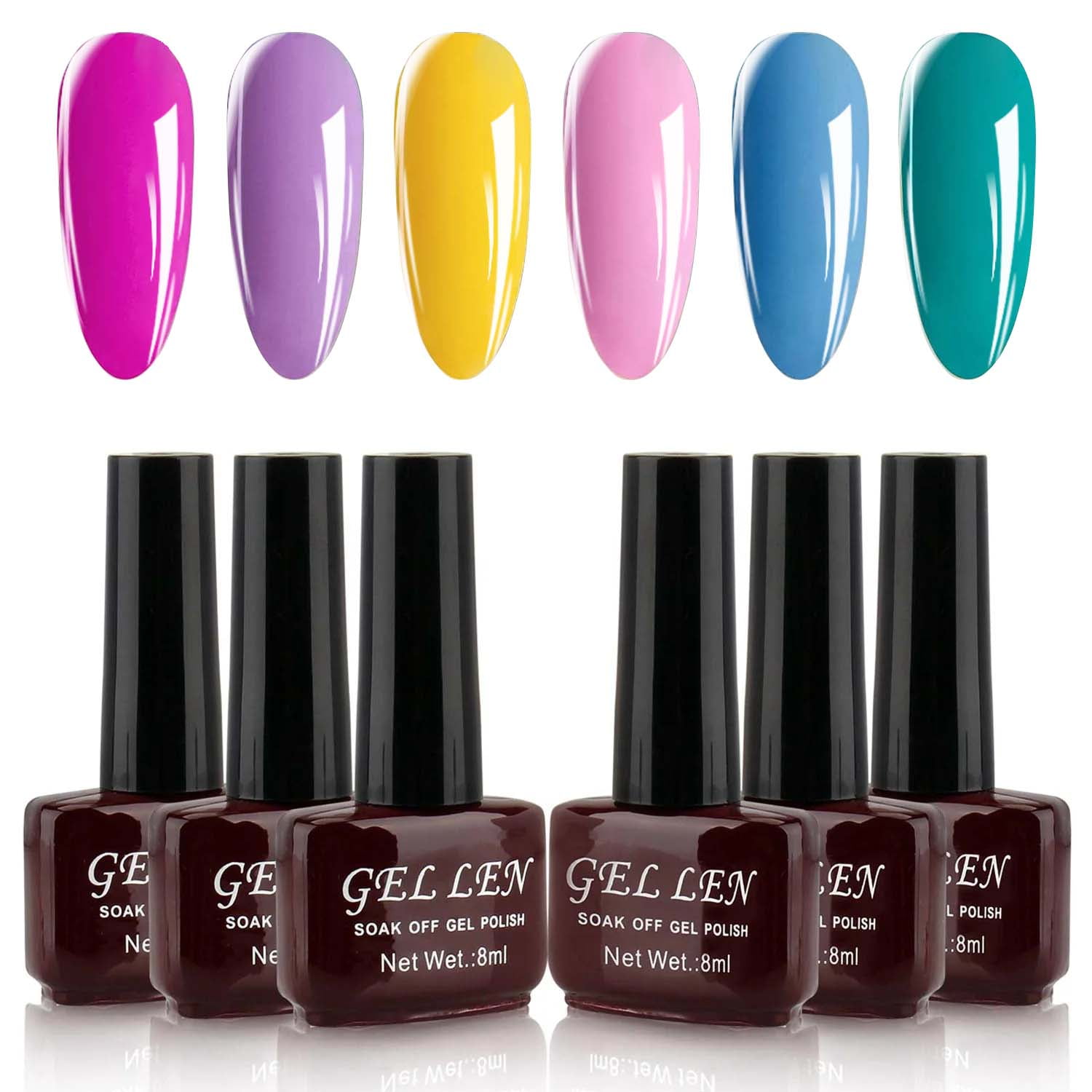 Gellen Gel Nail Polish Kit, 6 Colors Rainbow Tones Gel Polish Kit, Purple Yellow Pink Soak Off ...