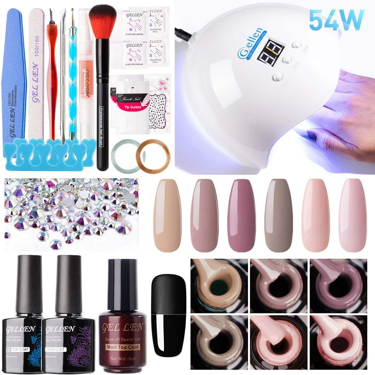 Gellen Gel Nail Polish Starter Kit with 54W UV Light 6 Colors Classic Nudes Gel Polish with Base and Top Coat Soak Off Gel Polish Kit with UV Nail Lamp Gel Nail