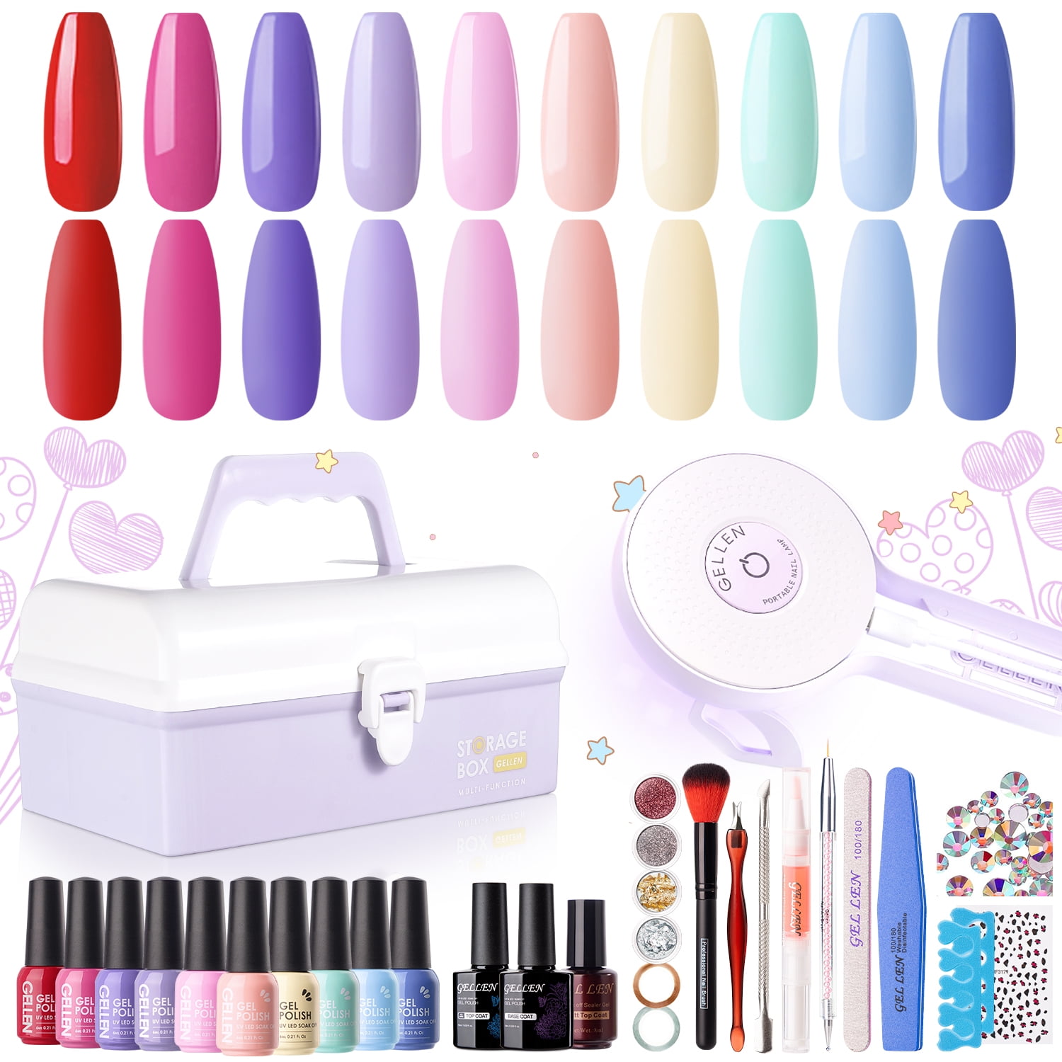 Gellen Gel Nail Polish Starter Kit with UV Lamp, 10 Colors Bright ...