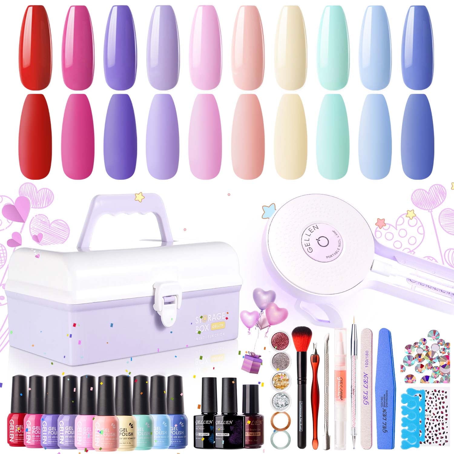 Gellen Gel Nail Polish Starter Kit with UV Lamp, 10 Colors Bright ...