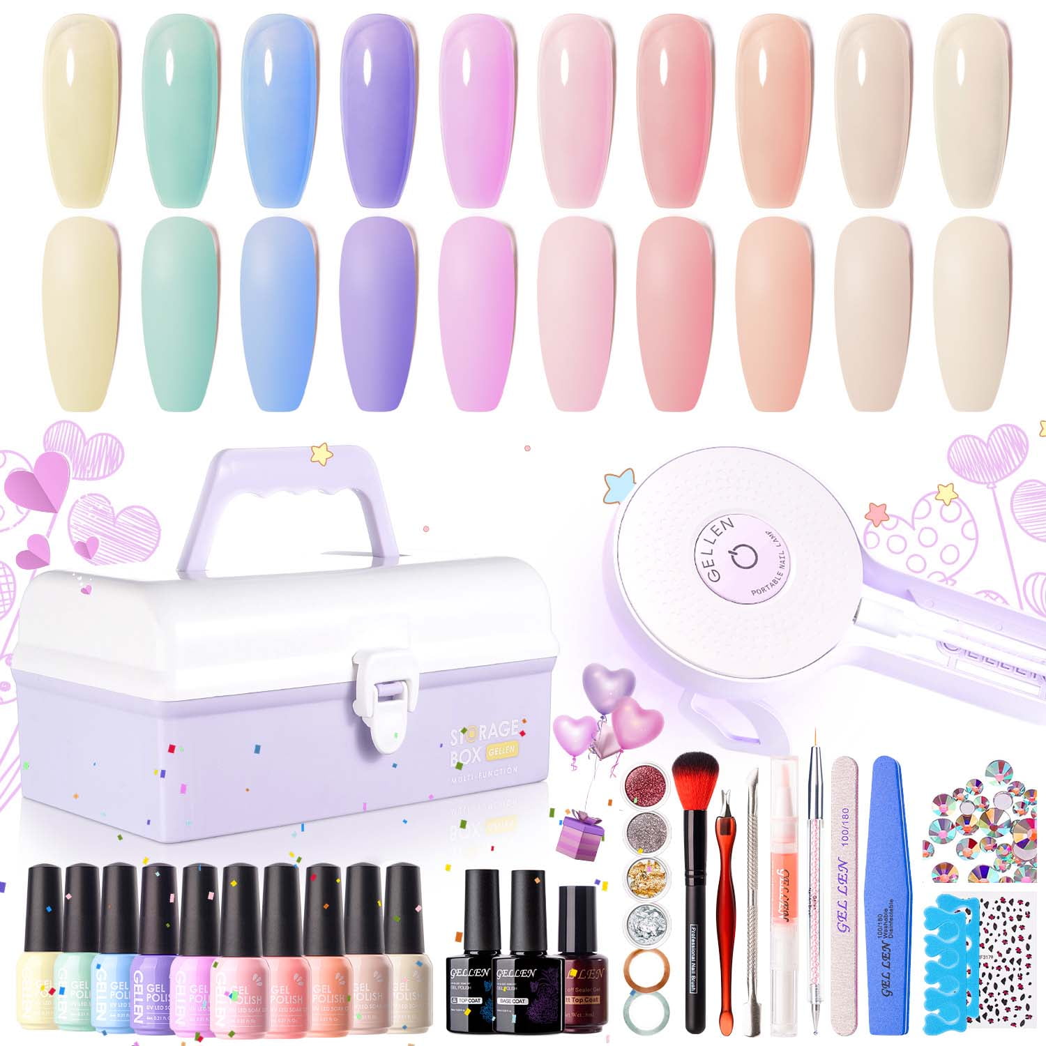Gellen Gel Nail Polish Starter Kit with UV Lamp, 10 Colors Jelly ...
