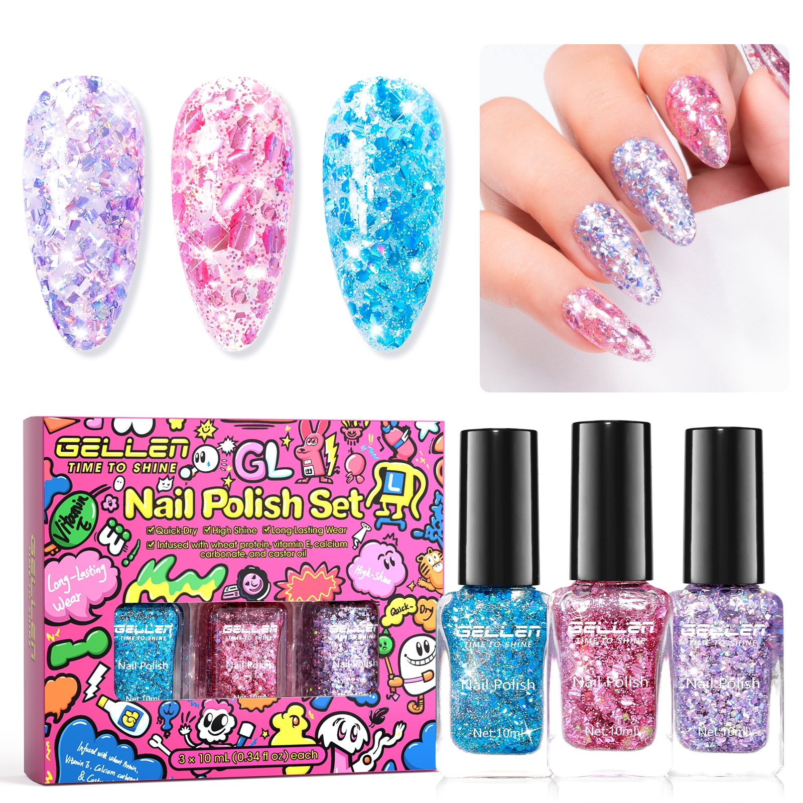 Gellen Nail Polish, Quick Dry 3 Colors Glitter Purple Pink Blue Nail ...