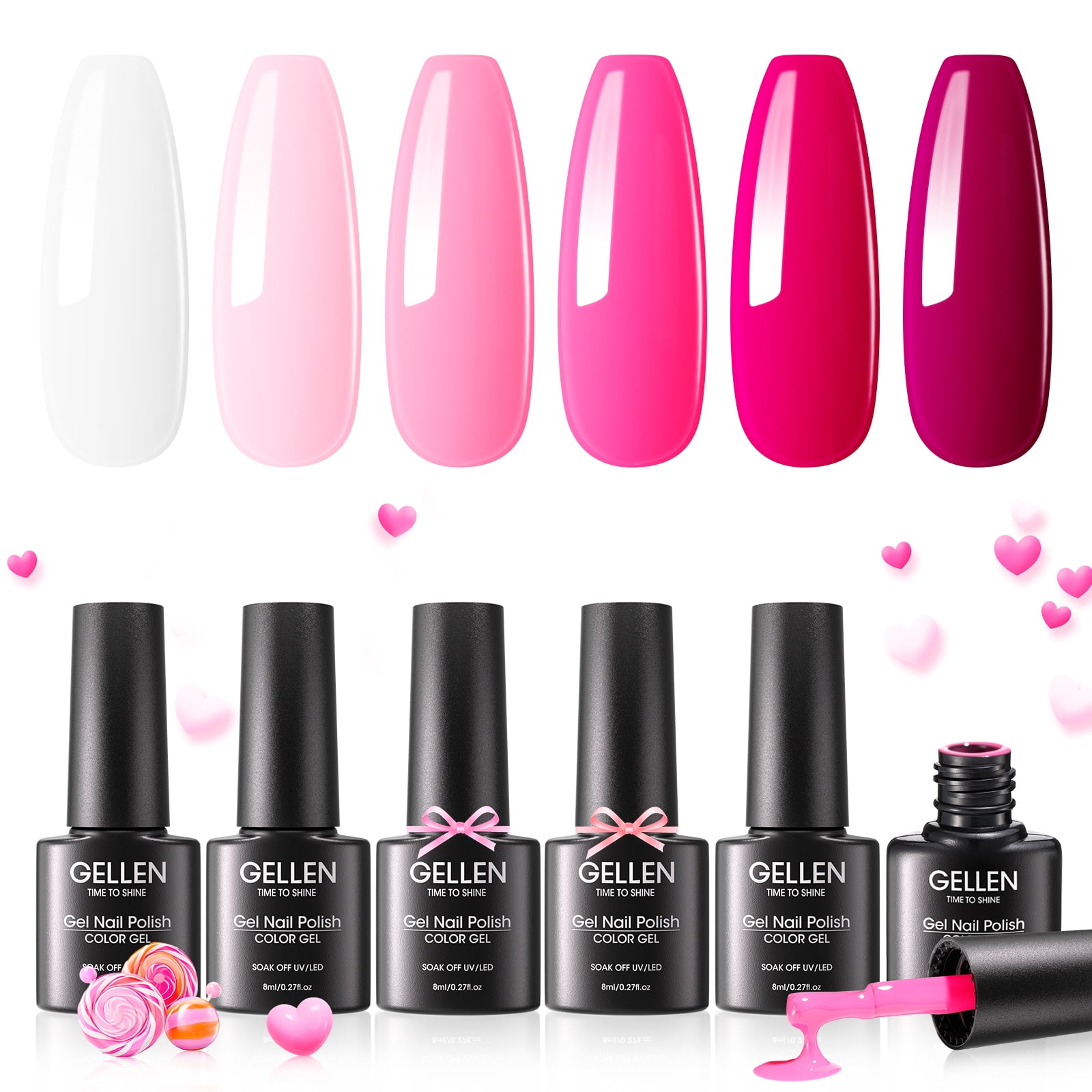 Gellen Pink Gel Nail Polish, 6 Colors Hot Pink Baby Pink White Gel ...