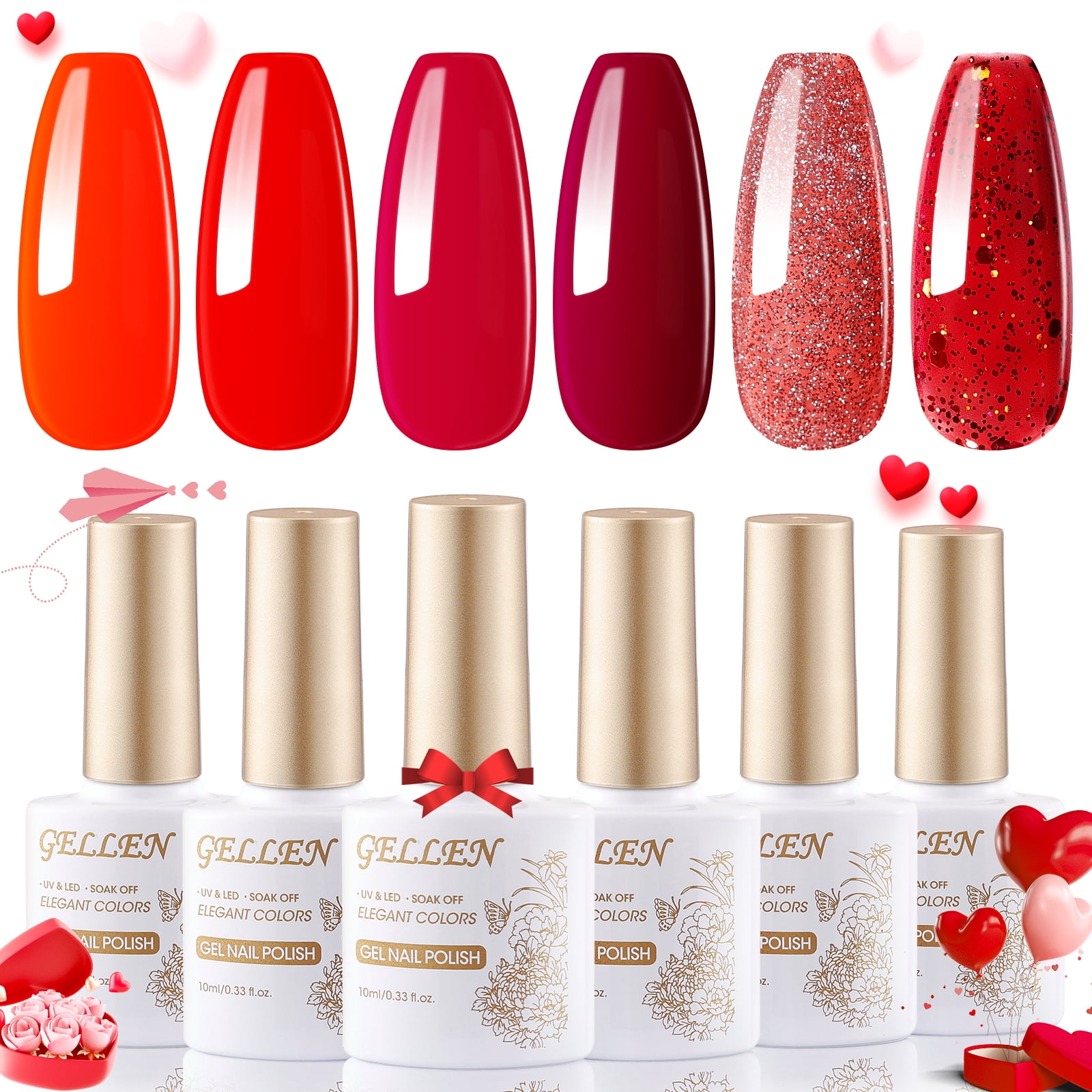 Gellen Red Gel Nail Polish, 6 Colors Winter Christmas Burgundy Red ...