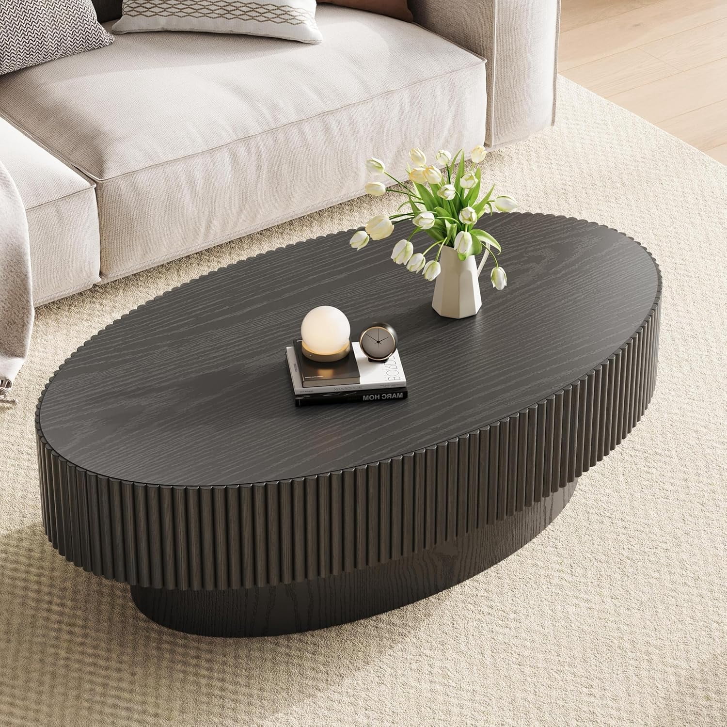 Gelloan 43.7" Olive Shape Wood Coffee Table, Modern Fluted Coffee Table ...