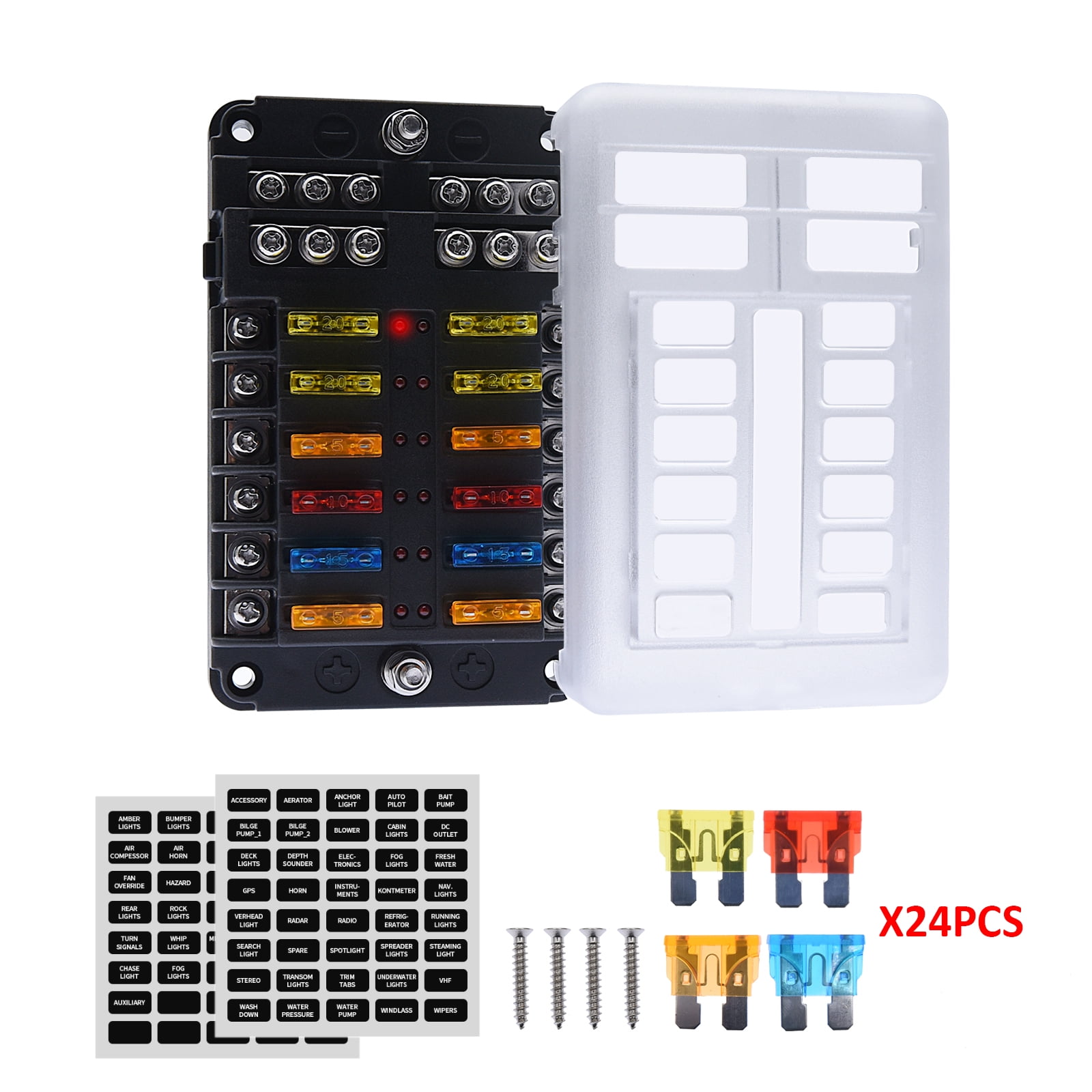 Geloo 12 Way Fuse Block Marine Fuse Box Holder with LED Indicator for ...