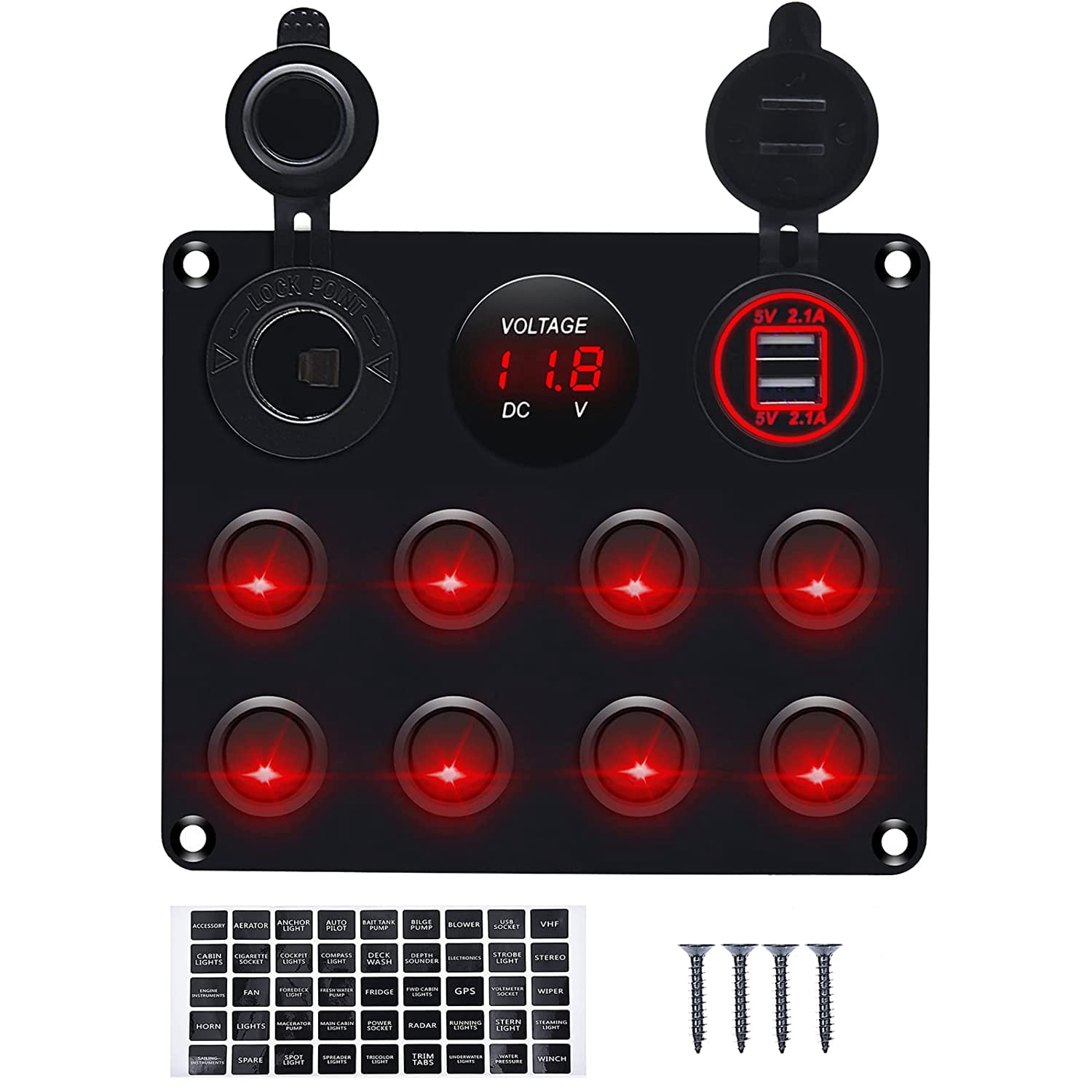 GELOO 8-Gang Rocker Switch Panel, Waterproof with Voltmeter, Cigarette ...