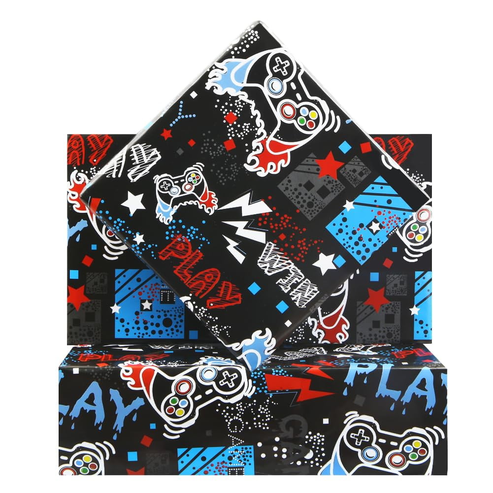 Geluode Video Game Wrapping Paper for Boys Kids Girls, 4 Sheets Gaming Gift Wrap Game ...