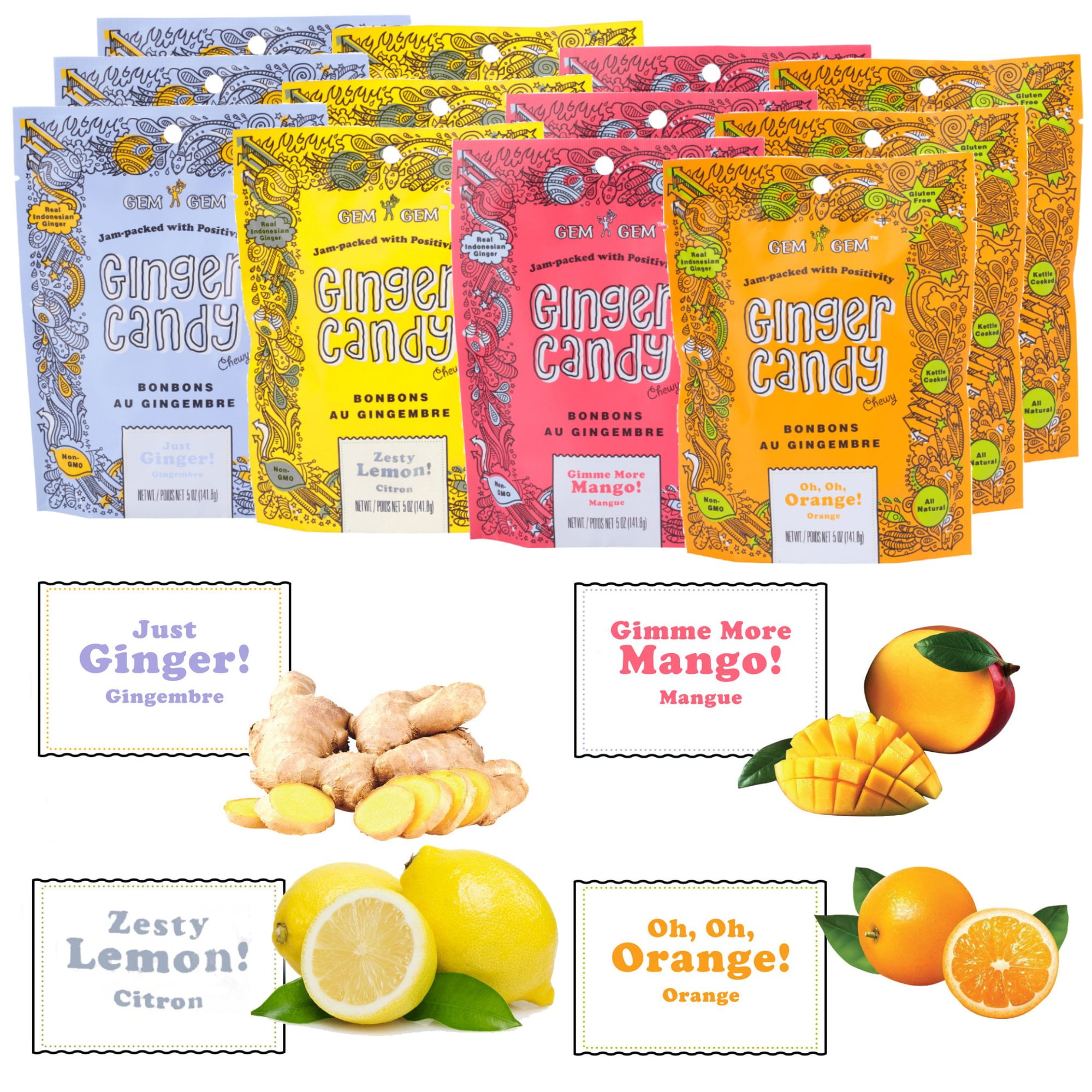 Gem Gem Ginger Candy BCF26 Chewy Ginger Chews (Assorted Mix, 5.0oz ...