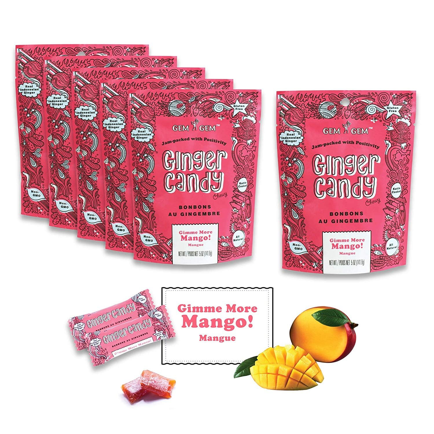 Gem Gem Ginger Candy Chewy Ginger Chews Mango, 5.0oz, Pack of 6 ...