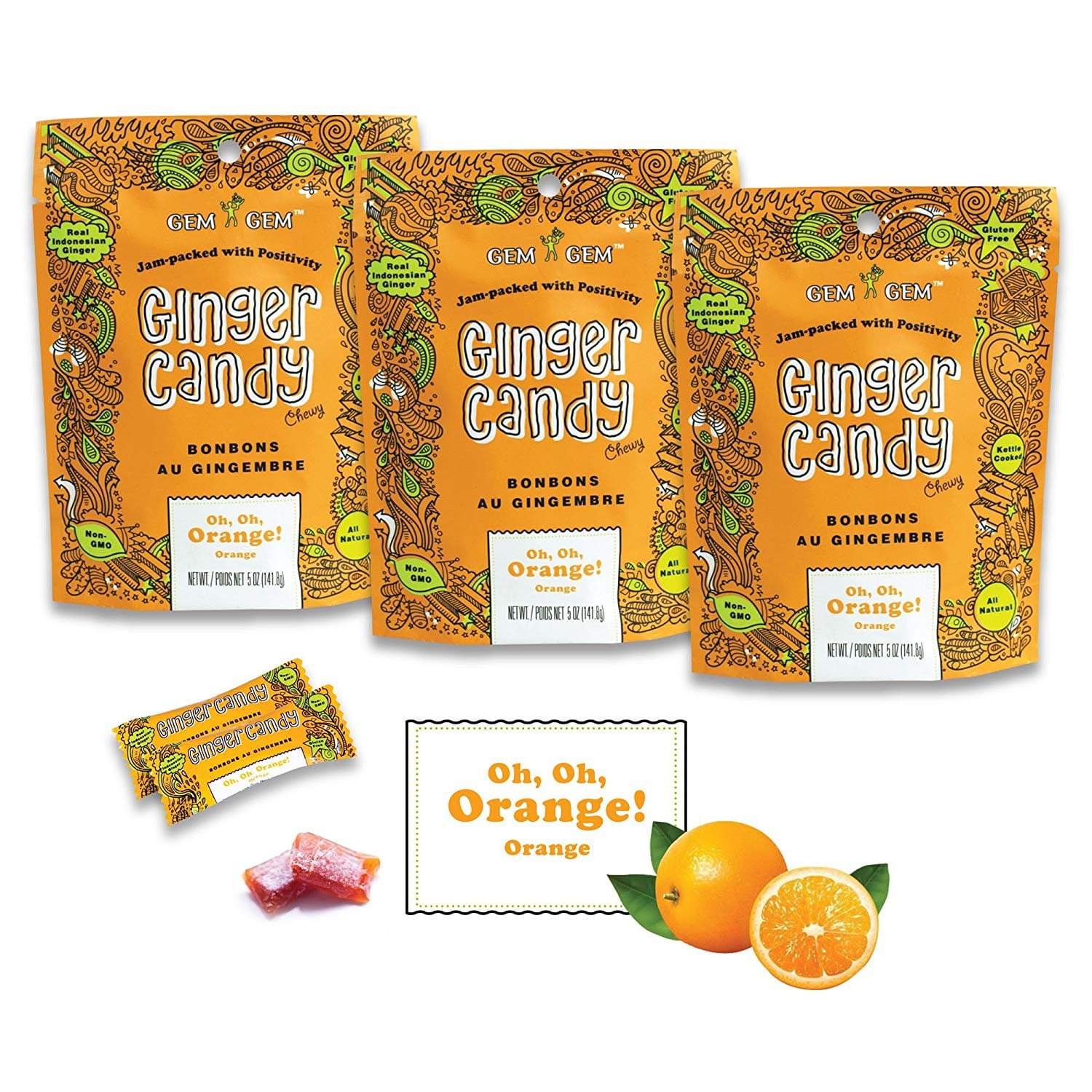 Gem Gem Ginger Candy Chewy Ginger Chews Orange, 5.0oz, Pack of 3 ...