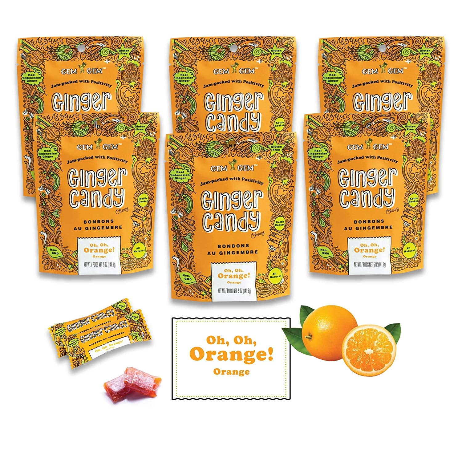 Gem Gem Ginger Candy Chewy Ginger Chews Orange, 5.0oz, Pack of 6 ...