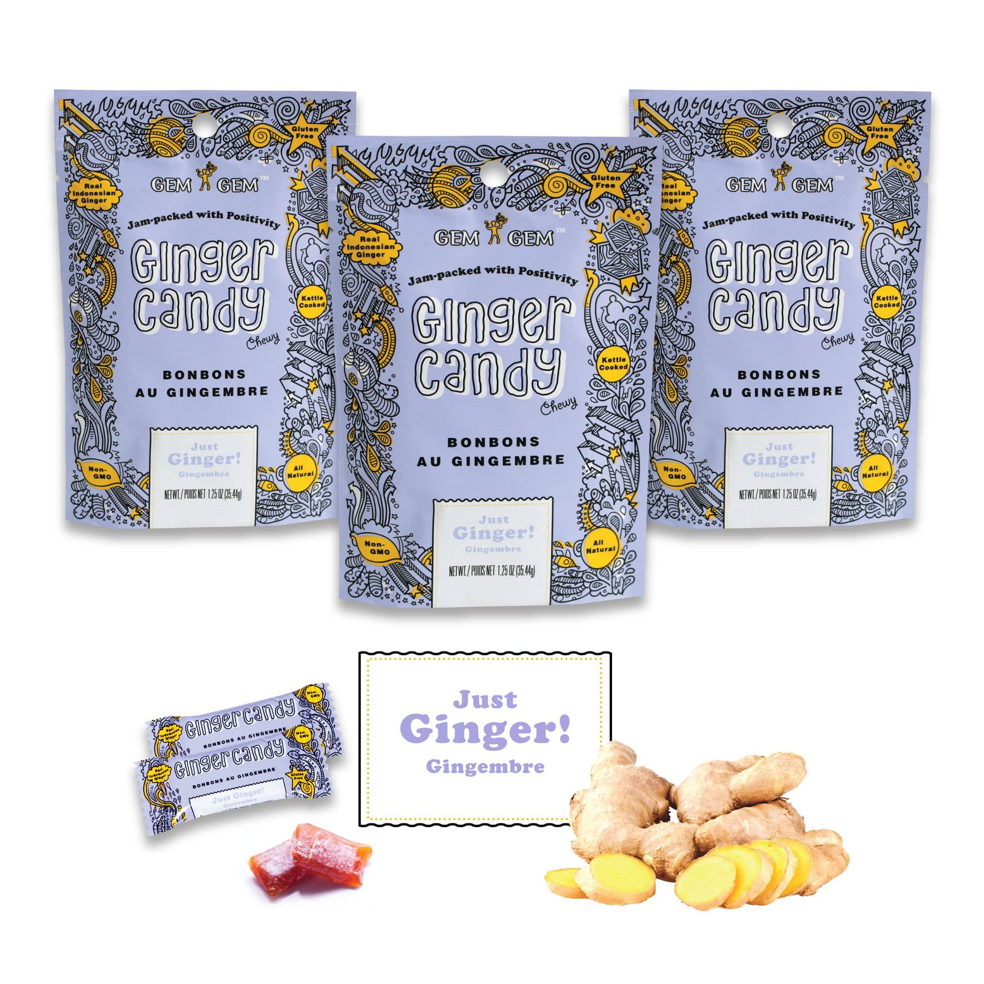 Gem Gem Ginger Candy Chewy Ginger Chews Original, 5.0oz, Pack of 3 ...