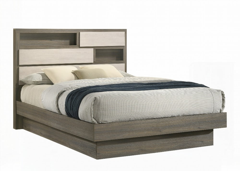 Gem Queen Bed in Beige & Brown Made of Wood with Storage Headboard ...